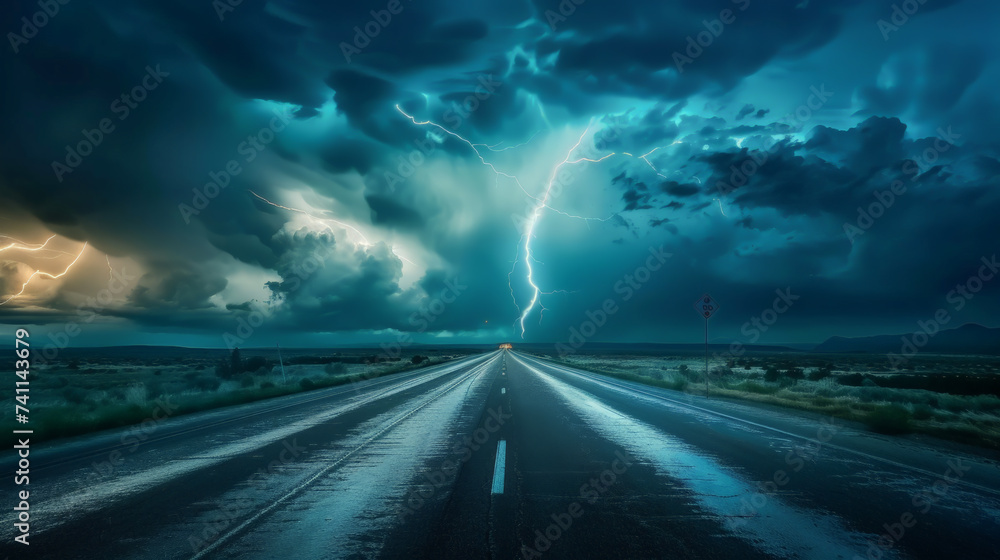 Thunderstorm over a deserted highway lightning illuminating the sky the ...