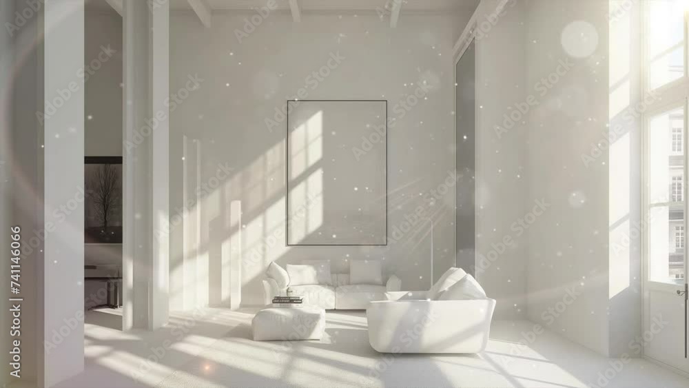 corner view of bright living room interior with poster mockup. seamless ...