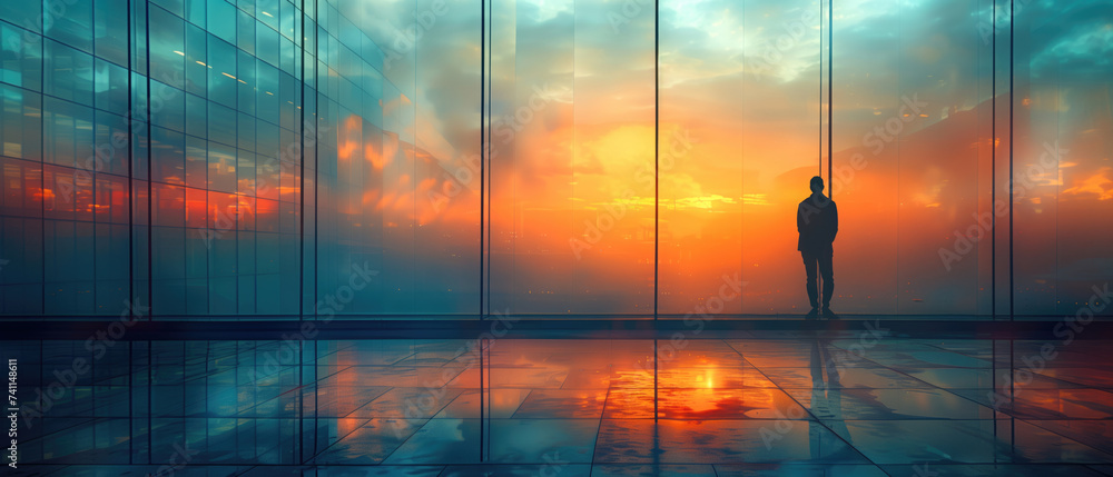 Contemplative silhouette at sunrise in a modern glass building, for a ...