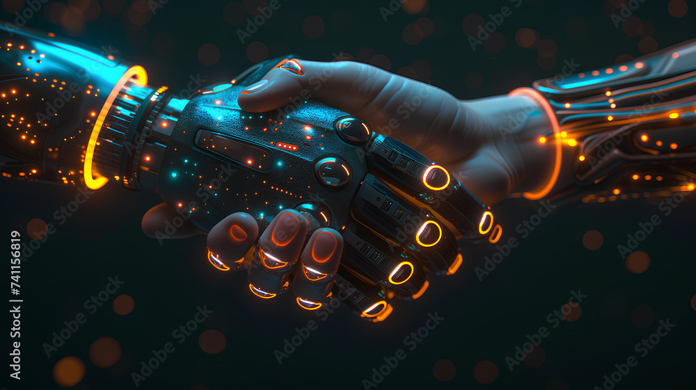 Human and Robot Handshake Representing AI Collaboration. A graphic ...