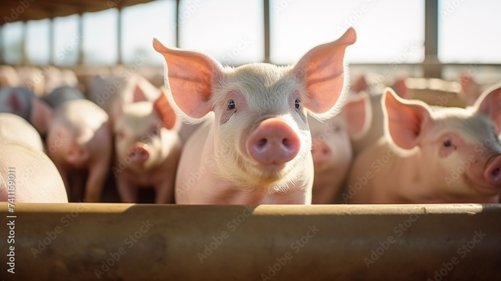 Pigs in pig farms still eat from troughs. Food in the barn, healthy ...