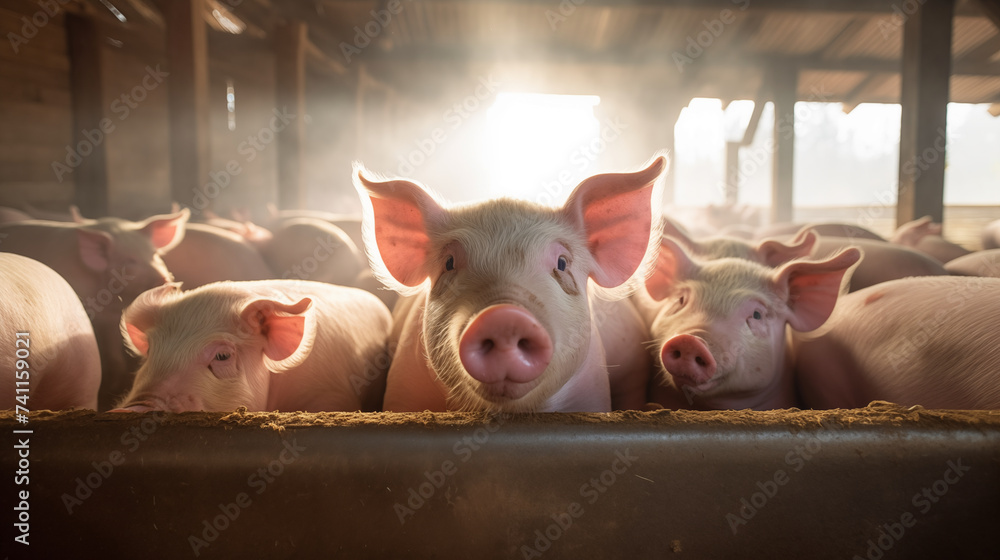 Pigs in pig farms still eat from troughs. Food in the barn, healthy ...