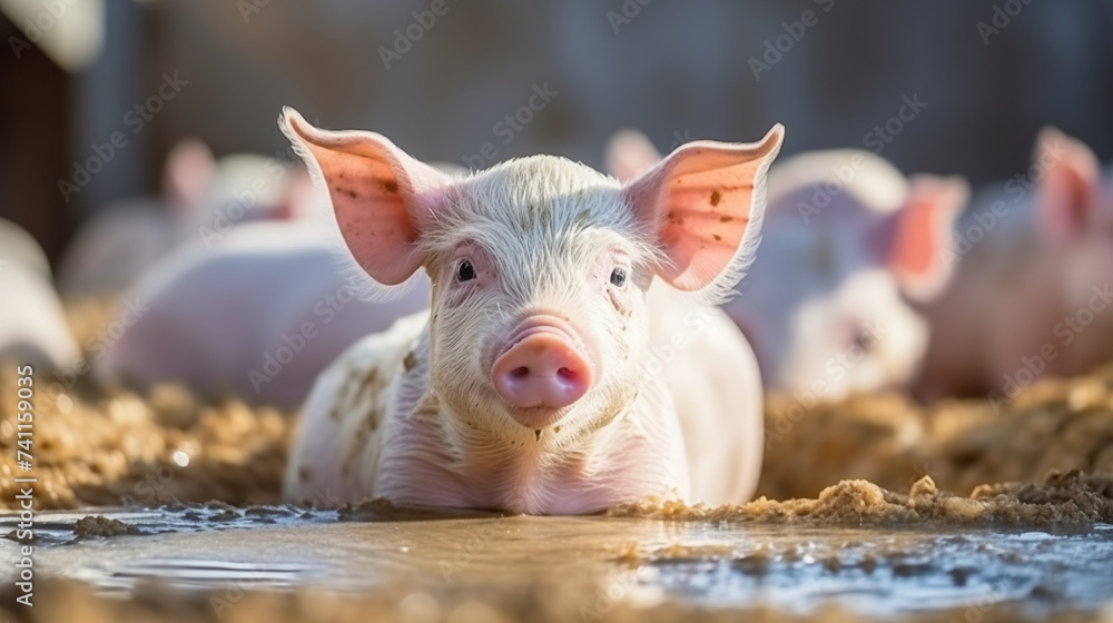 Pigs in pig farms still eat from troughs. Food in the barn, healthy ...
