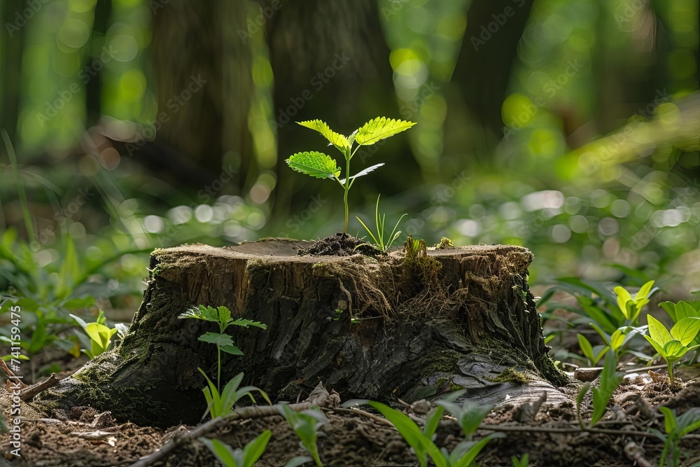 Young sapling growing from the center of an old tree stump Illustrating ...