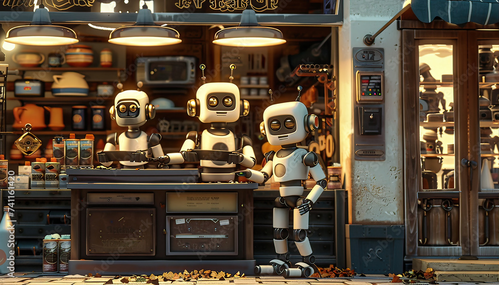 Robots selling shovels to humans behind a cash register in front of a ...