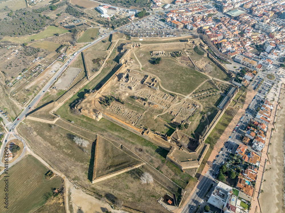 Panoramic aerial view of Roses citadel in Spain , giant pentagonal star ...
