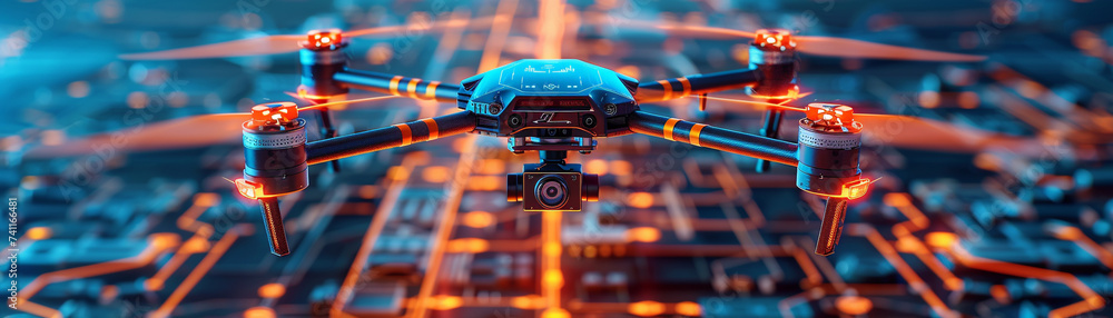 Drone technology circuit design with flight path graphics and remote ...