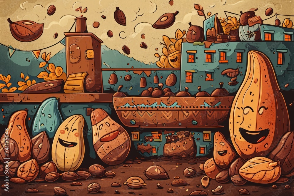Cartoon cute doodles of cocoa beans in a chocolate factory, producing ...