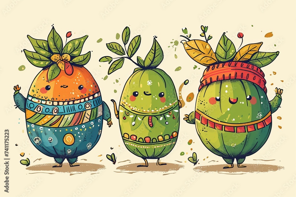 Cartoon cute doodles of festive mung beans celebrating cultural ...