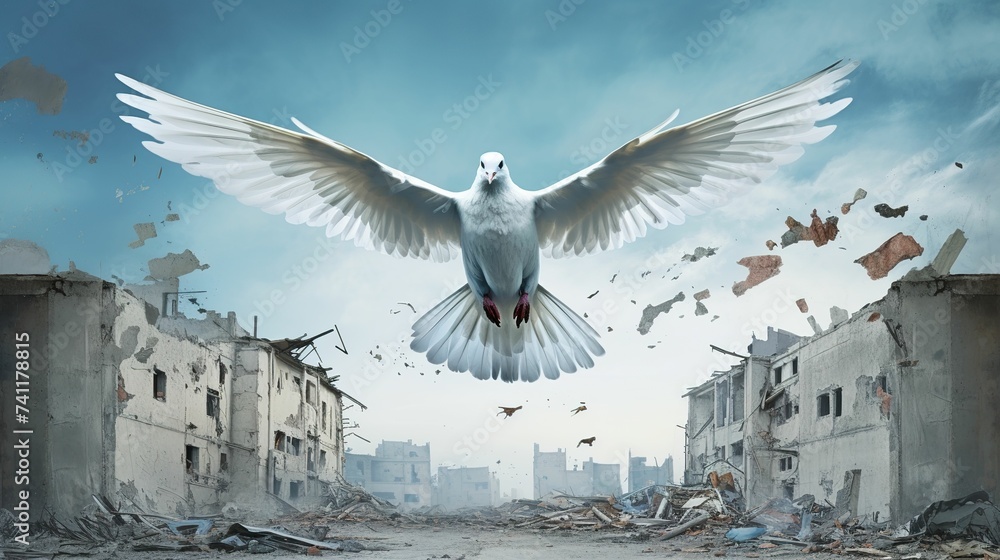 Doves of peace fly in the ruined city, white doves fly in the ruined ...