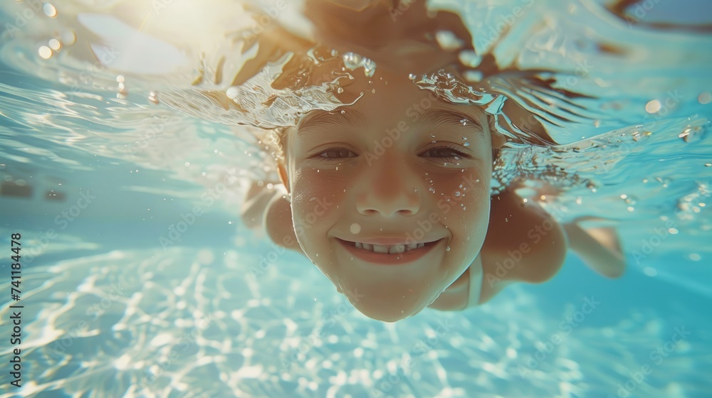Cute little boy swimming underwater in pool. Cute smiling child having ...