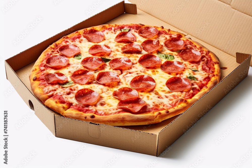 A pepperoni pizza in a takeaway box isolated on white background ...