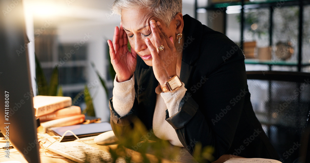 CEO, stress and headache by computer in office with tension for burnout ...