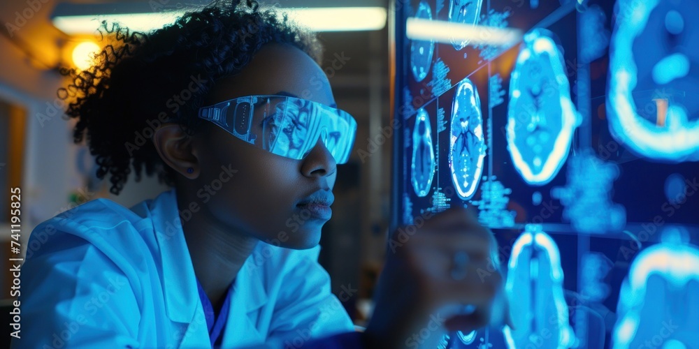 A professional female radiologist reviewing MRI scans in a modern ...