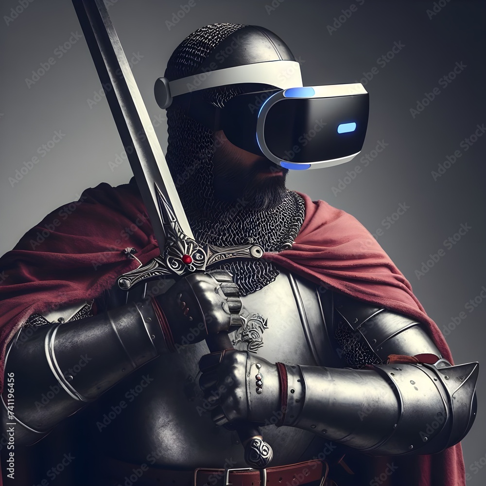 Medieval knight warrior wearing VR virtual reality headset and holding ...