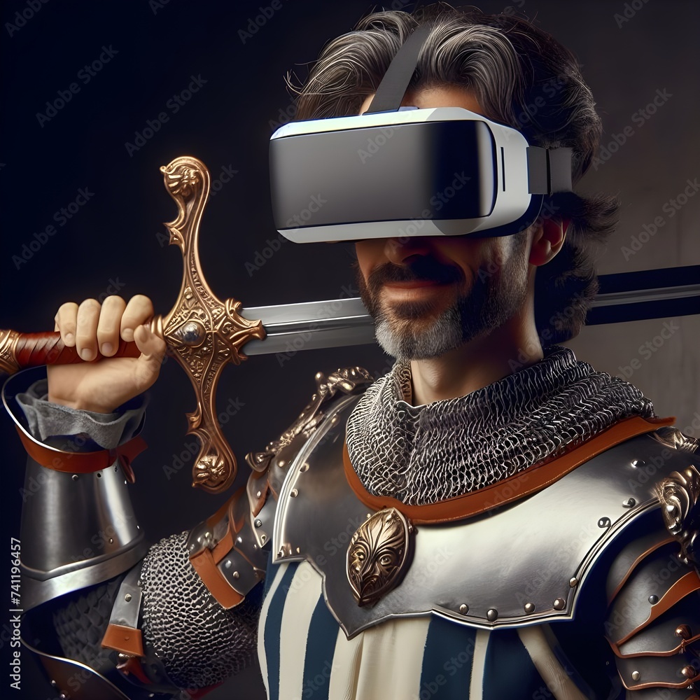 Medieval knight warrior wearing VR virtual reality headset and holding ...
