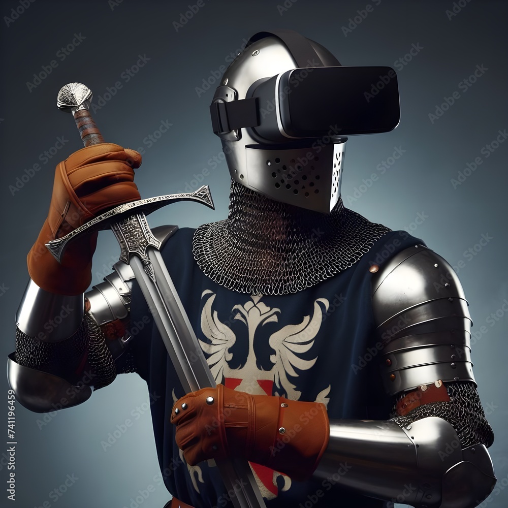 Medieval knight warrior wearing VR virtual reality headset and holding ...