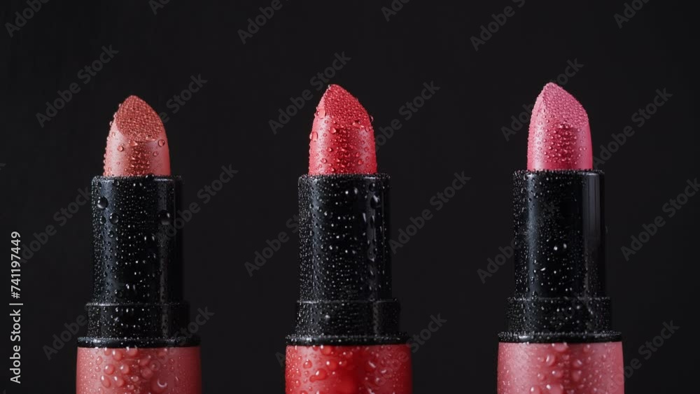 Red lipsticks make up close up black background with smoke and water ...