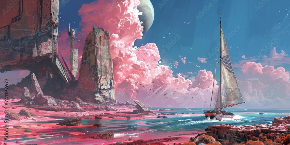 A solar sailboat crosses the coral pink seas of an alien world ...
