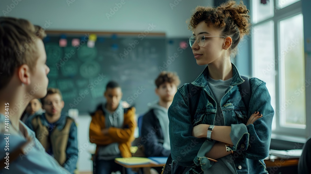 Confident young student engaging with peers in a classroom setting ...