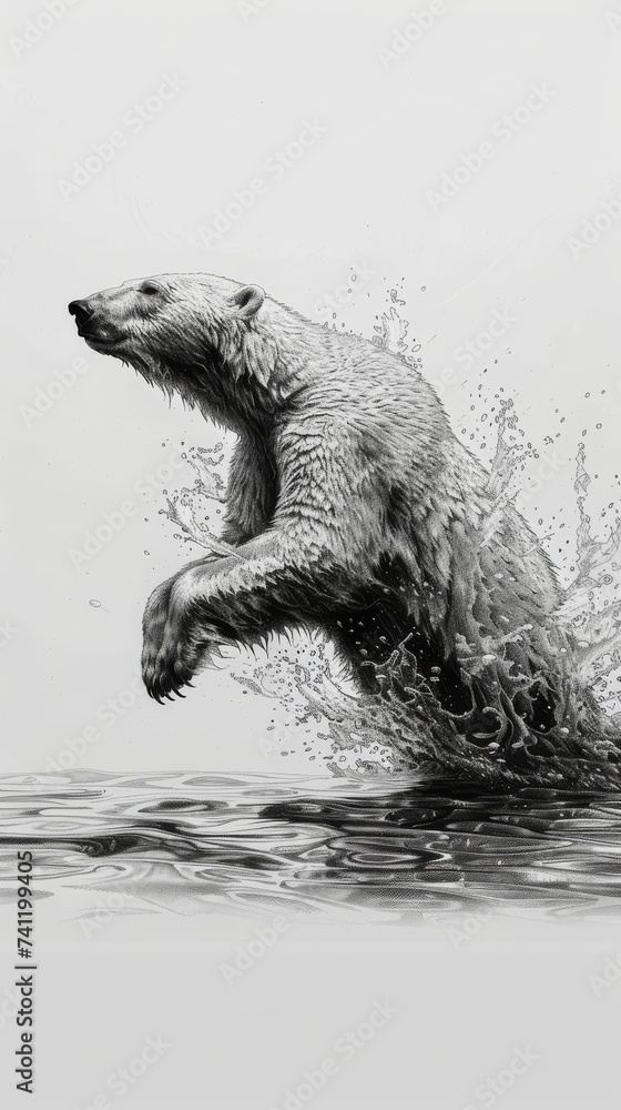 A polar bear jumping out of water. A majestic polar bear emerges from ...