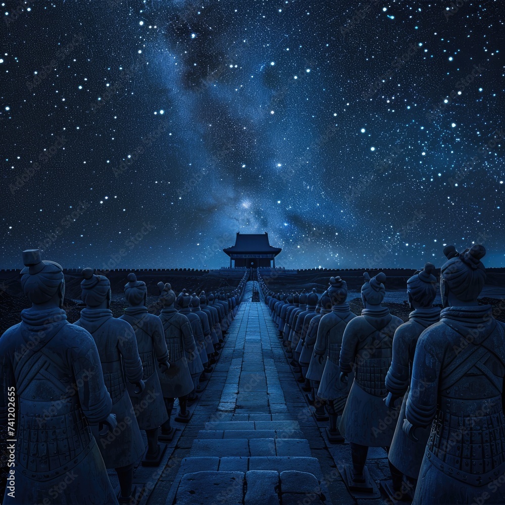Starry night above the Mausoleum of Emperor Qin terracotta soldiers ...