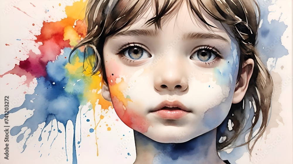 portrait of a child, autistic child ink and watercolor art portrait ...