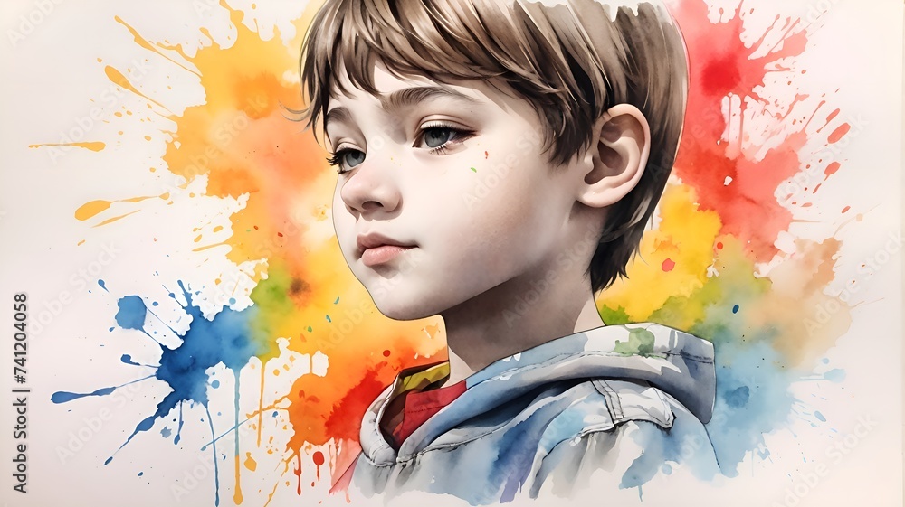 portrait of a child, autistic child ink and watercolor art portrait ...