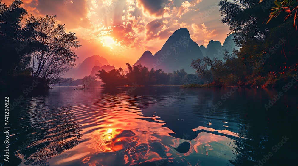 The image features a serene river landscape at sunset. The horizon is ...