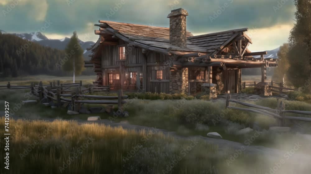 An animation of a single house in a grassy field and garden, enhanced ...