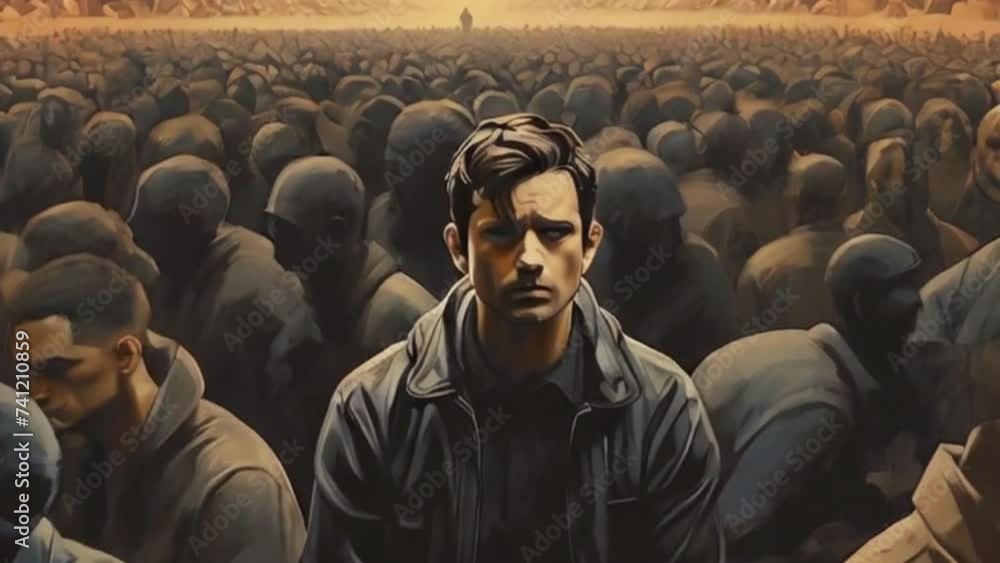 a marginalized, depressed, sad man lost in his thoughts and crowd of ...