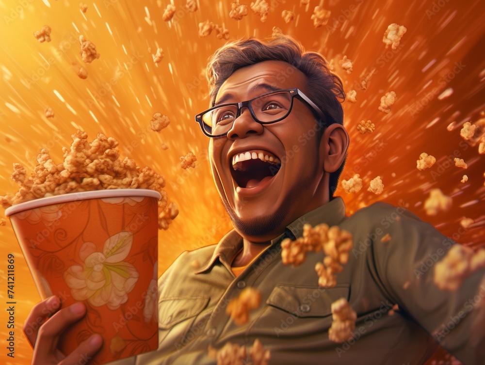 Expressive laughter of a Malaysian people amidst flying popcorn ...