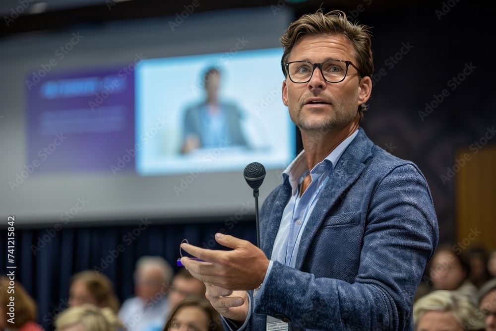 Business executive delivering a keynote speech at a corporate ...