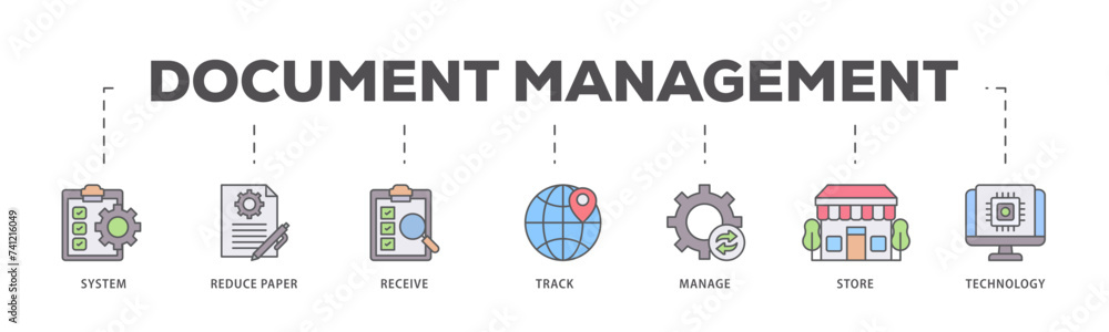 Document management icons process flow web banner illustration of ...