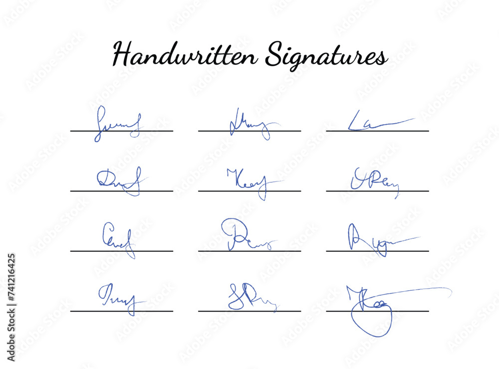Handwritten fake signature collection. Fictitious autograph set ...