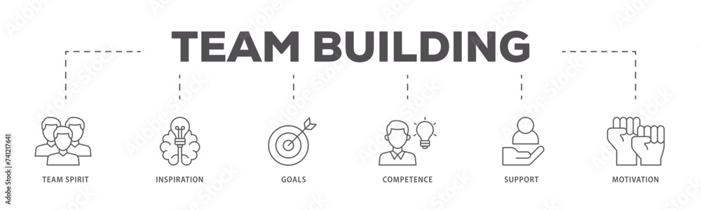 Team building icons process flow web banner illustration of team spirit ...