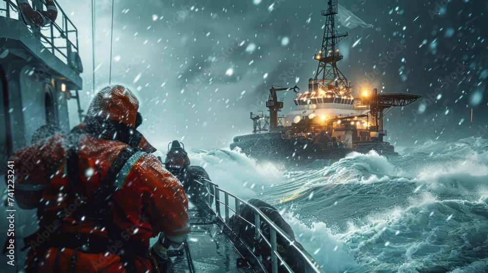 Engineers are working on an oil rig or natural gas rig at sea in ...