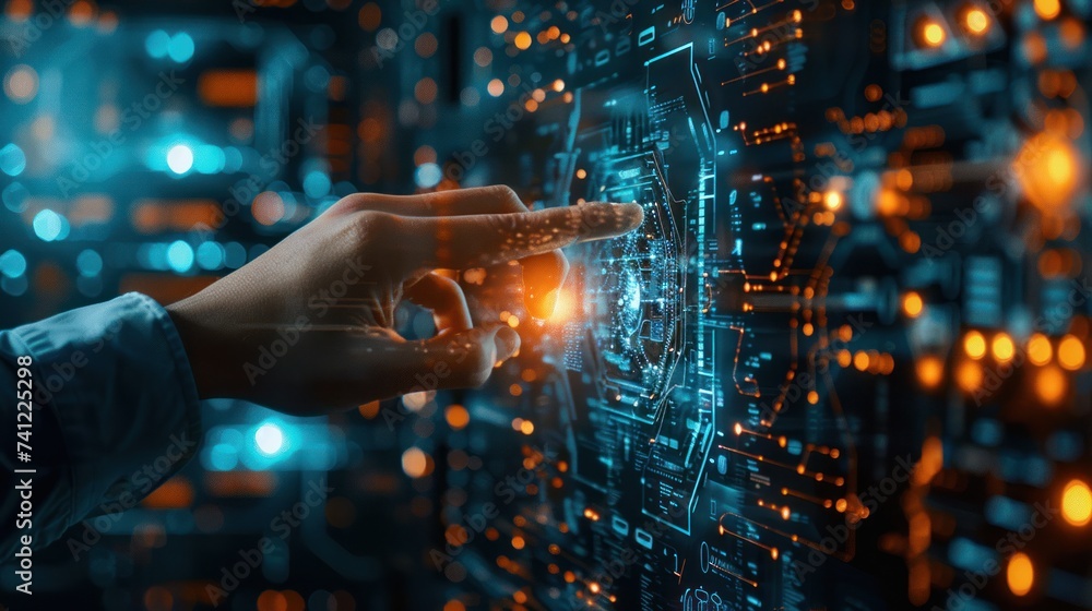 Intelligence and Automated machine learning language blue digital user interface with ...