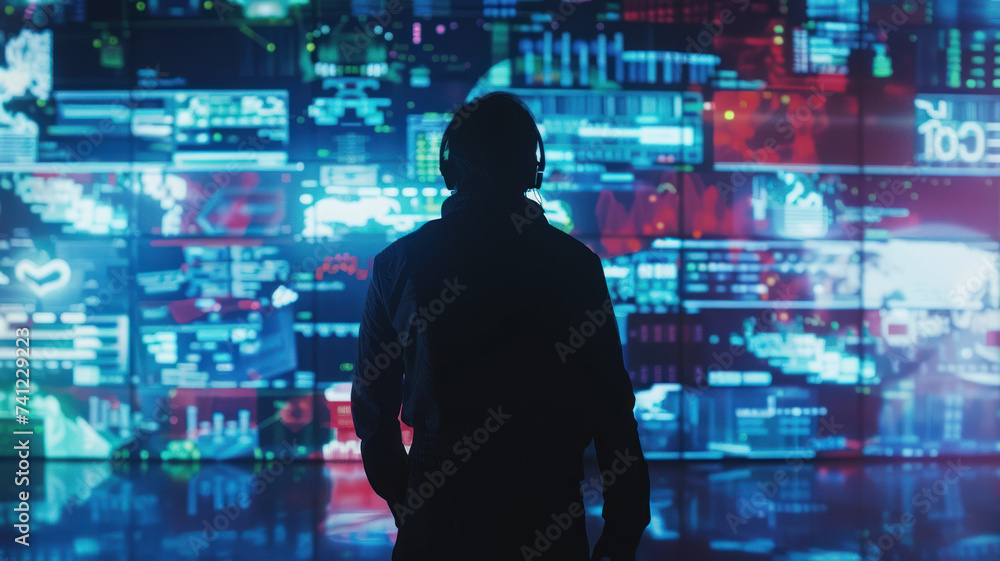 Cyber Crime scene in neon lit future city hacker silhouette against ...