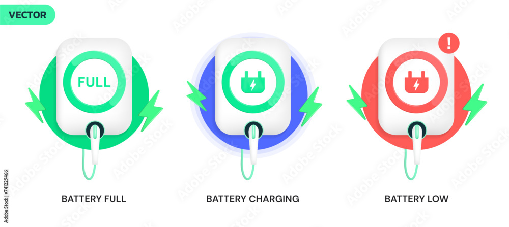 3D Vector Electric vehicle Wallbox EV Charger icons symbols with ...
