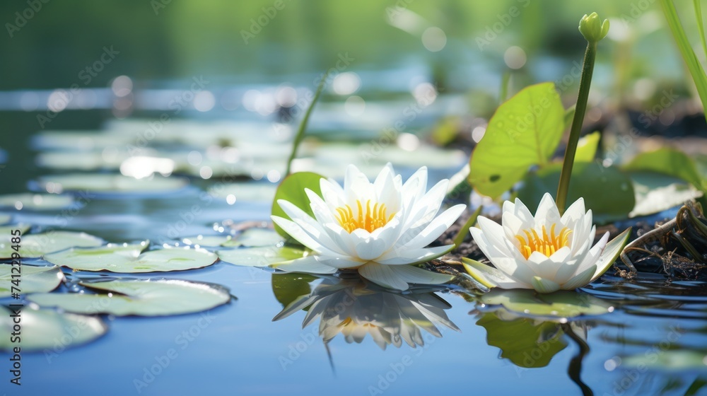 A detailed representation captures the elegance of water lilies, their ...