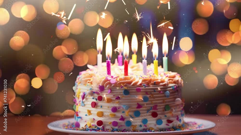 delicious chocolate birthday cake with burning candles and blurred ...