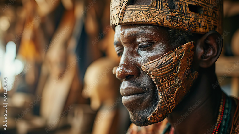 portraits a local Africa's artisan sculpting a traditional wooden mask ...