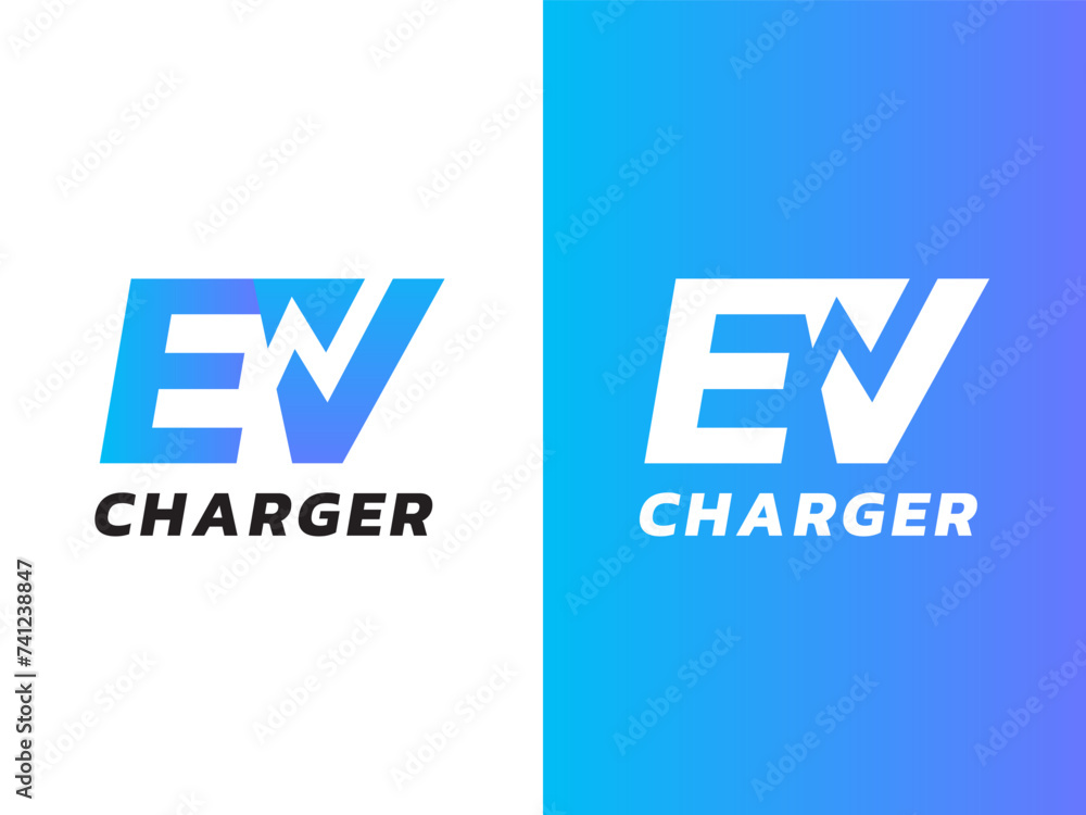 Electric Vehicle Charger letter "EV" with Lightning Bolt Symbol overlap ...