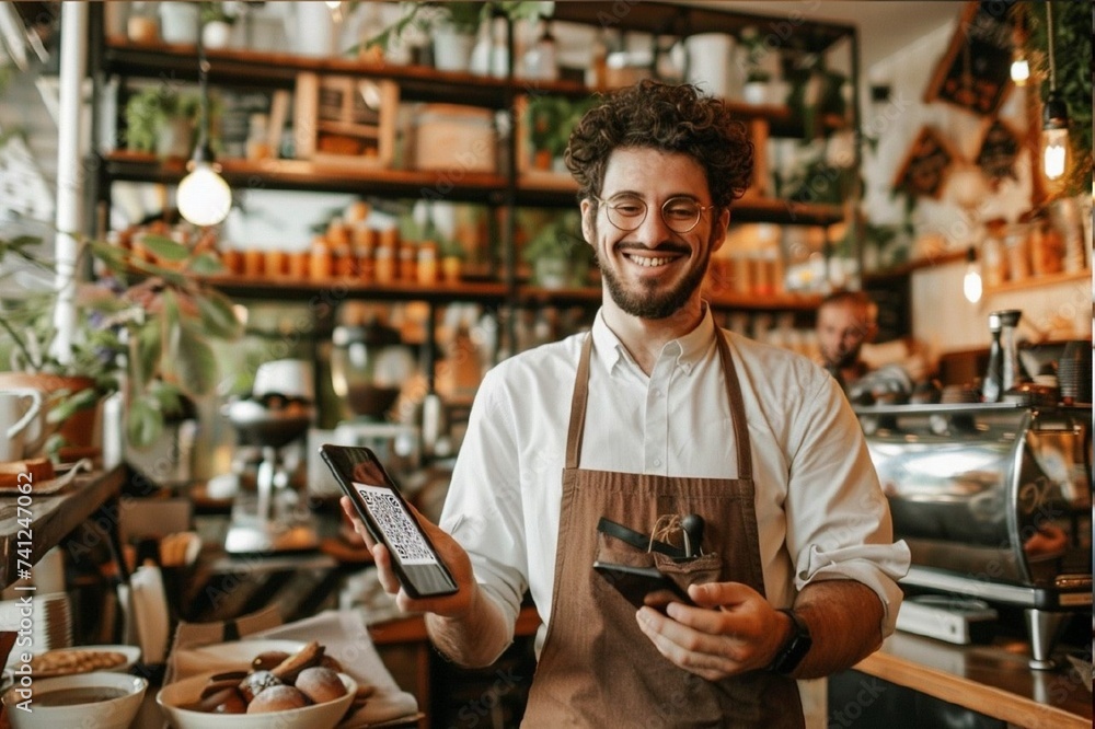 Happy beautiful waiter having fun while talking to his guests scan QR ...