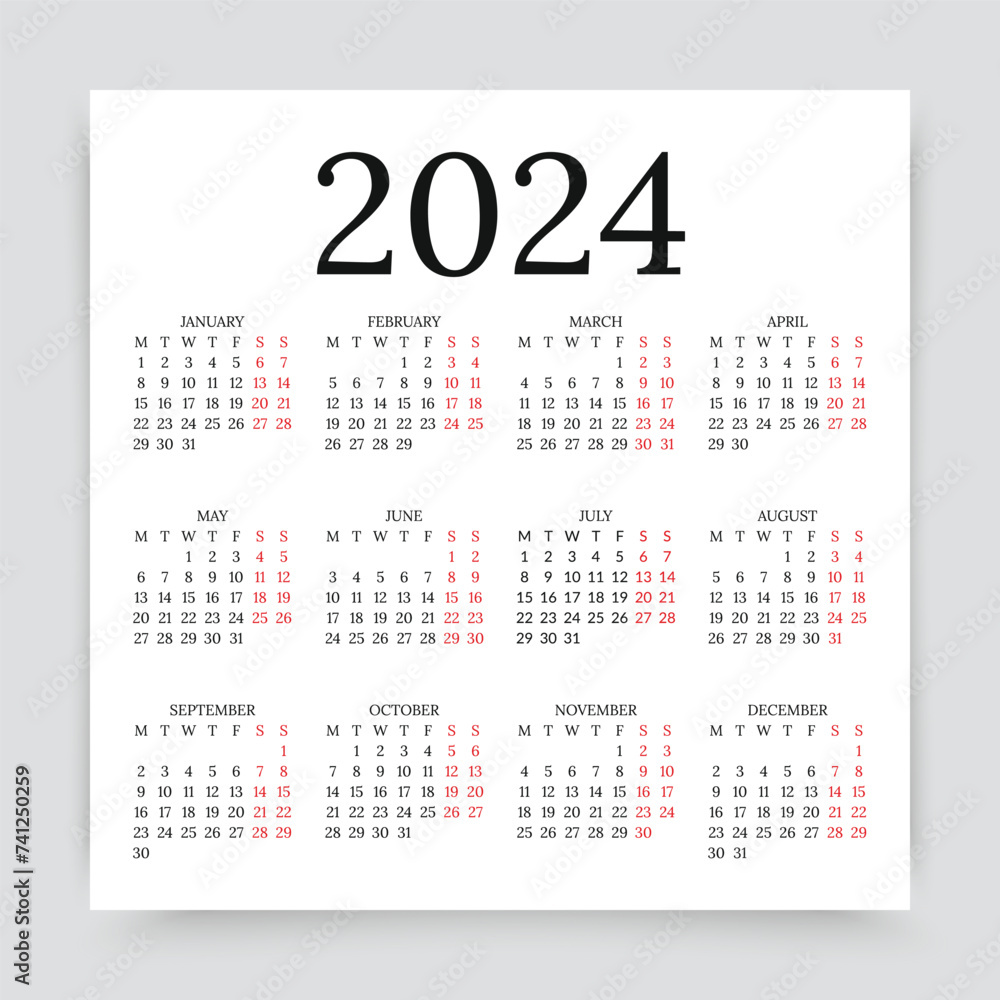 Calendar 2024. Yearly calender organizer. Week starts Monday. Grid ...