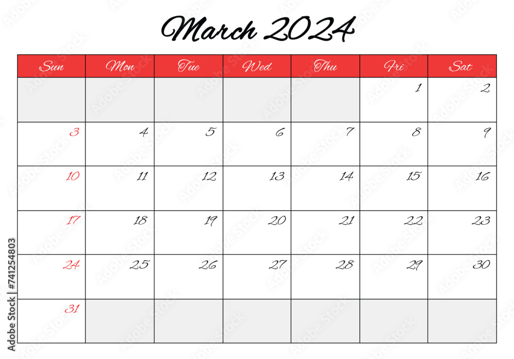 March 2024 ENGLISH month calendar. Vector printable illustration ...