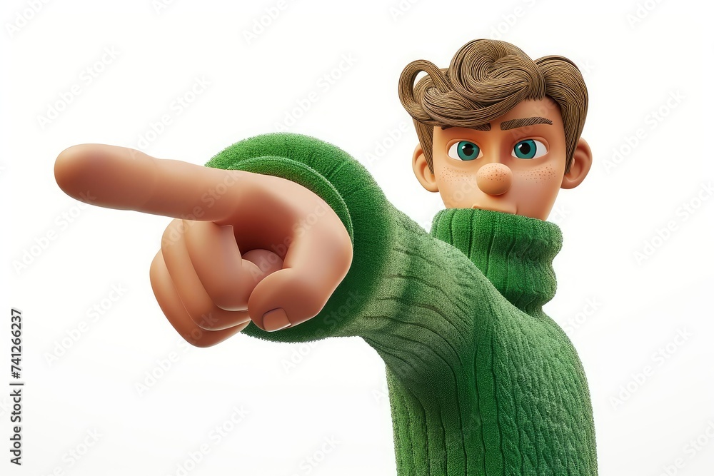 3d render, cartoon character spiral hand in green sweater, points ...