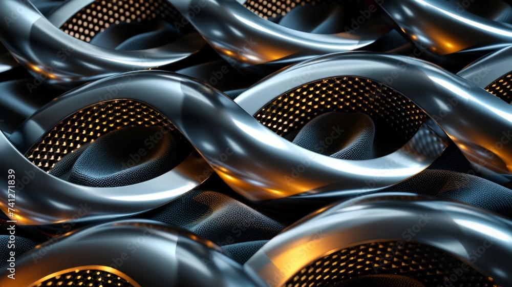 An abstract 3D pattern of interconnected silver and gold rings ...