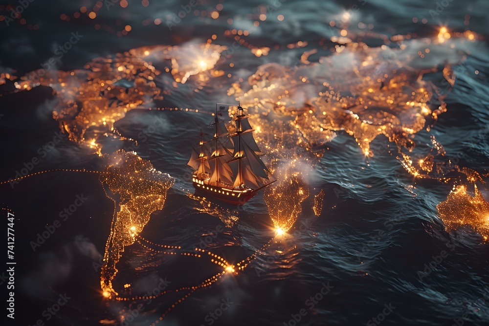 Charting Global Trade: A Radiant World Map with Trade Routes and Ships ...